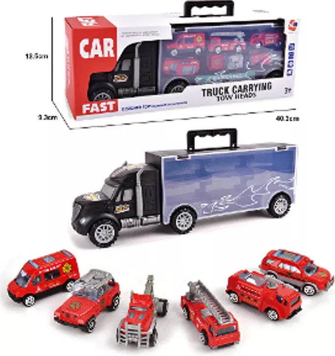 Set camion transport masini pompieri 6 masini rosii | FM316